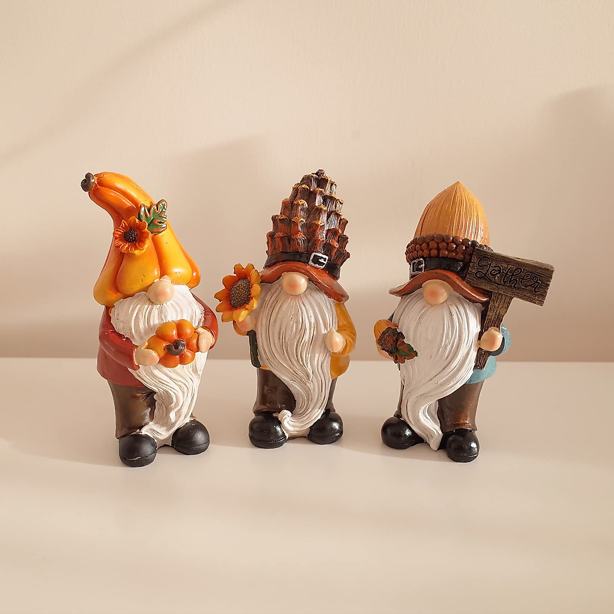 Etistta 3PCS Fall Harvest Gnome Thanksgiving Figurine Decor, 6.5 inch Polyresin Gnomes Sculptures with Pumpkin, Pine Cones, Acorn Hat for Home Tabletop Garden Holiday Decorations
