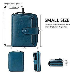 Small Wallets for Women RFID Blocking Leather Zipper Coin Pocket Wallet Card Case with ID Window (Peacock Blue)