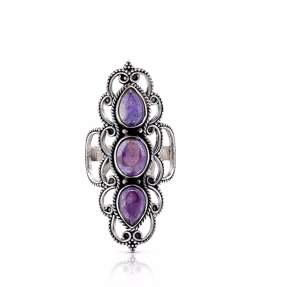 Koral Jewelry Amethyst 3 Stones Ethnic Vintge Gipsy Multi Stone Ring 925 Sterling Silver Vintage Tribal Gipsy Boho Chic (7)