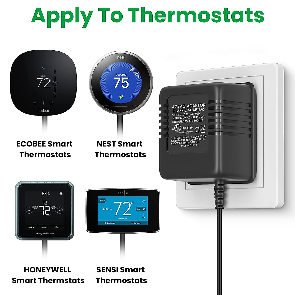 Auspow 24Volt 500mA UL Certified Doorbell Transformer, C Wire Adapter Thermostat, Competible with All Versions of Ring Doorbell and Thermostat for Nest Ecobee(16.4FT Charging Cable-UL Certified)