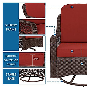 MAGIC UNION Rattan Rockers Outdoor Furniture 3 Piece, Rocking Chairs Wicker Patio Bistro Set with Side Table, Outdoor 360°Swivel Rocker Chairs with Padded Cushions (Dark Red)