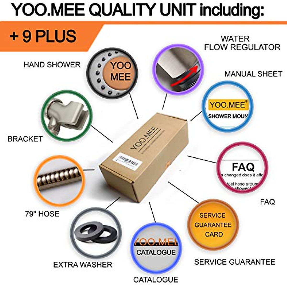 YOO.MEE High Pressure Handheld Shower Head with Powerful Shower Spray against Low Pressure Water Supply Pipeline, Multi-functions, w/ 79'' Hose, Bracket, Flow Regulator, Brushed Nickel Finish