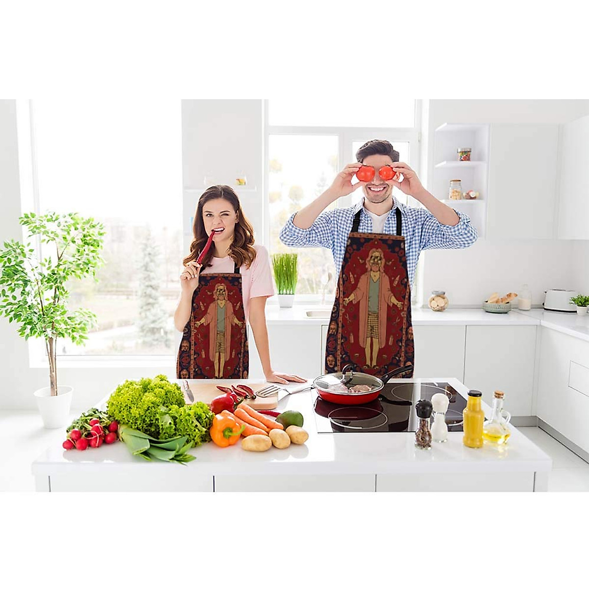 Beabes Big Lebowski Dude Rug Kitchen Bib Apron Man Has Huge Rug In Middle Ties Board Game Together Polyester Adjustable Apron For Outdoor BBQ Gardening 27" X 31" For Chef Waitress