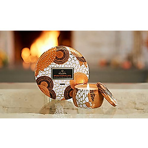 Voluspa Spiced Pumpkin Latte Candle | 3 Wick Tin | 12 Oz. | 40 Hour Burn Time | Vegan | All Natural Wicks and Coconut Wax for Clean Burning