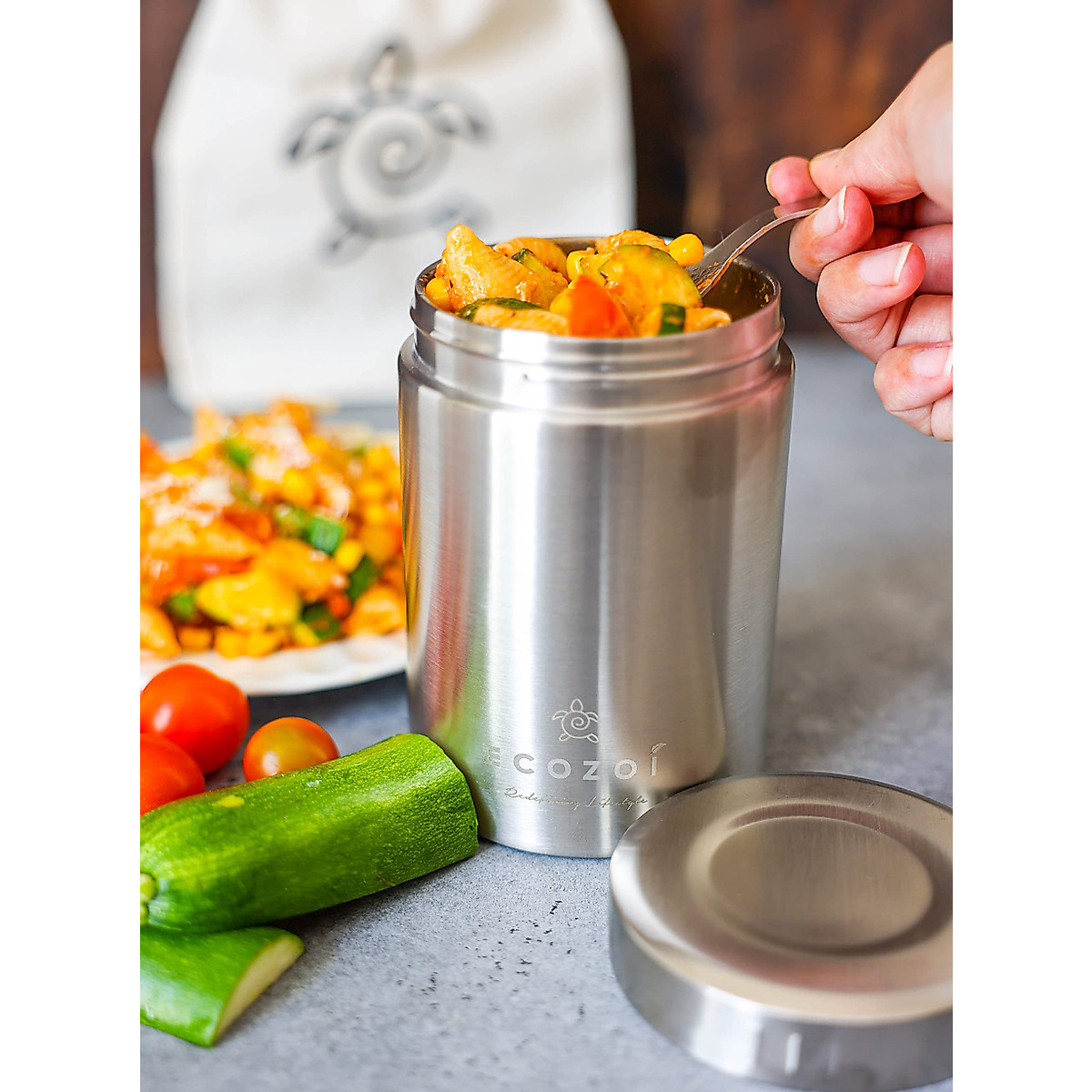 ecozoi Stainless Steel Insulated Lunch Box, Food Jar - Vacuum Insulated Thermos, 17 Oz + Spork + Lunch Bag