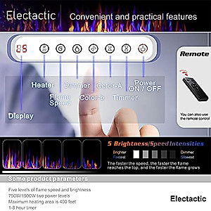 Electactic 36 inches Electric Fireplace Recessed and Wall Mounted Electric Fireplace, Fireplace Heater and Linear Fireplace, with Timer, Remote Control, Adjustable Flame Color, 750w/1500w, Black