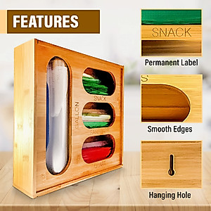 Zippy Bamboo Ziplock Bag Organizer for Drawer – 4 Labeled Compartment Bamboo Kitchen Food Storage Plastic Bag Organizer Holders, Gallon Quart Snack Sandwich and Slider Storage Bag Organizer