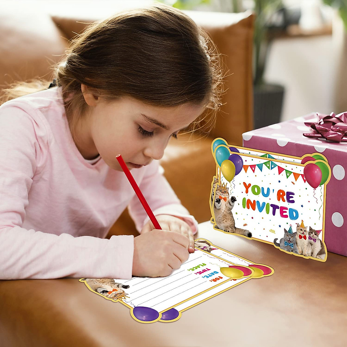 GOGOPARTY 20 Pcs Cat Birthday Invitations, Kitten Party Invitations Cute Animal Birthday Party Invitation Cards With Sticker Labels 20 Envelope Birthday Invitations for Birthday Party Supplies