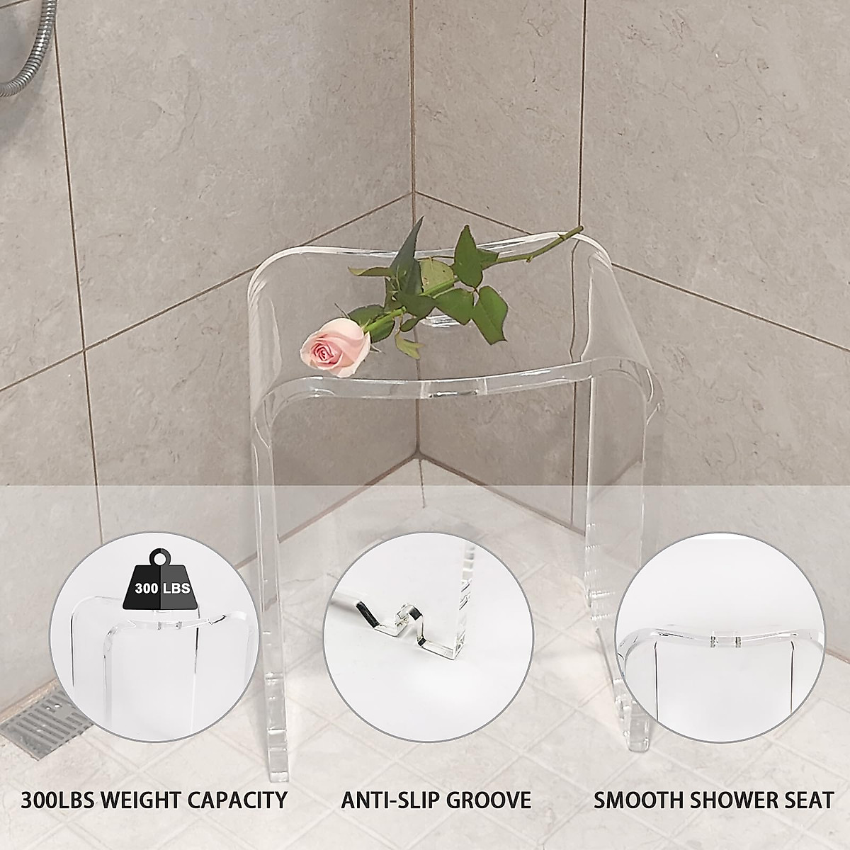 NEJHC Acrylic Shower Bench, Clear Shower Stool Bath Seat with Anti-Slip Feets and Water Flowing Design, Beautiful Integrated Acrylic, No Assembly Required, 300lbs Weight Capacity