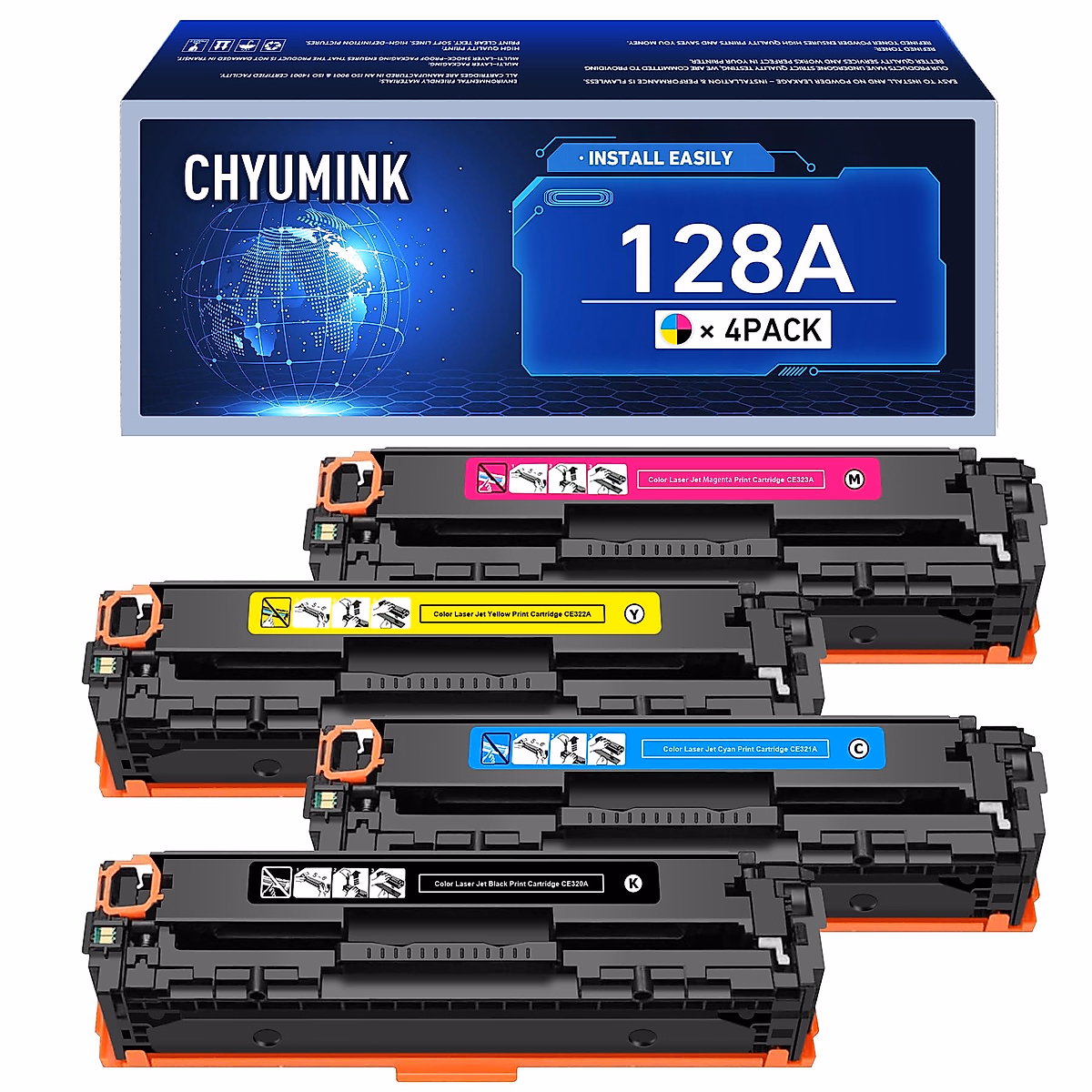 Chyumink Remanufactured for HP 128A CE320A CE321A CE322A CE323A Compatible Toner Cartridges use with HP Color CP1523n CP1525nw CM1415fnw CP1525n CM1415fn (Black Cyan Yellow Magenta)