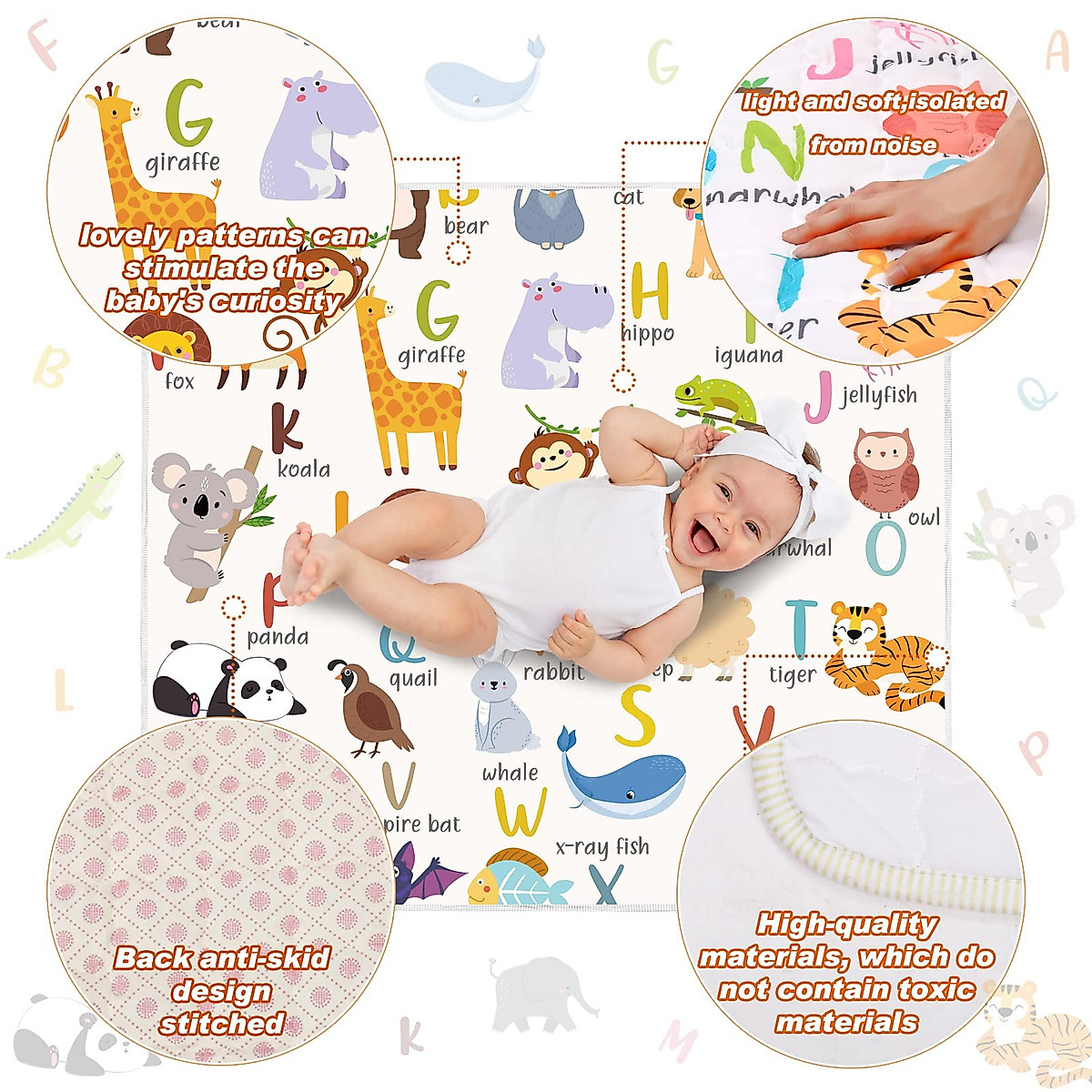 Tradder Alphabet ABC Portable Baby Play Mat 43 x 43 Inch Boho Animal Washable Foldable Non-Slip Crawling Mat for Babies Kids Play Mats Pad for Floor Playpen Toddler Infants Tummy Time Activity Mat