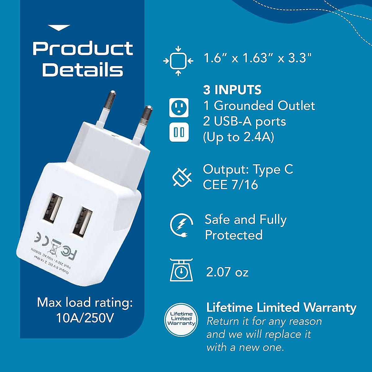 Ceptics Europe Travel Adapter Plug Set Schuko - with 2 USB + USA Socket Input - Type E/F and Type C - Ultra Compact - Safe Grounded Perfect for Cell Phones, Laptops, Camera Chargers (CTU-9-9C-PK)