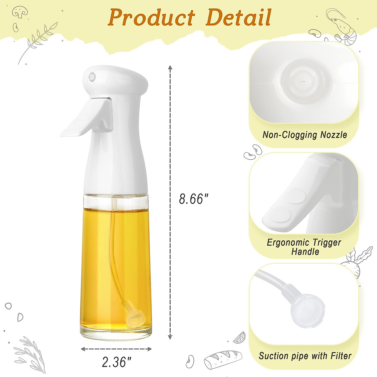 Chling Oil Sprayer for Cooking, 200ml Glass Olive Oil Sprayer Mister Bottle Kitchen Gadgets Accessories for Air Fryer Salad BBQ Baking Roasting White