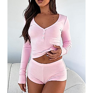 NUFIWI Women Knitted 2 Piece Outfits Pajamas Long Sleeve Slim Fit Shirt Top High Waist Shorts Y2k Lounge Sleepwear Set(B Pink 12,Small)