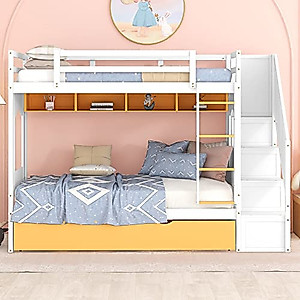 HomSof Twin Over Twin Bunk Bed with Trundle,Stairs,Ladders Solid Wood Bunk Bed with Storage Cabinet （White + Yellow）