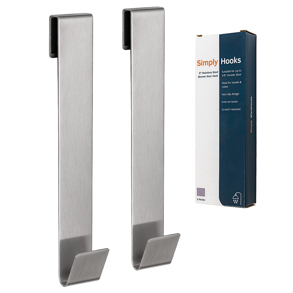 SimplyHooks 8" Shower Door Hooks, Silver, 2 Pack, Shower Towel Hook, Shower Door Hook for Frameless Glass Shower Door 3/8"(10mm)