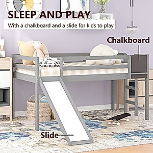 Voohek Toddler Loft Bed Low with Slide Rails Chalkboard, Wood Frame for Kids Boys Girls Slat Support, No Box Spring Needed