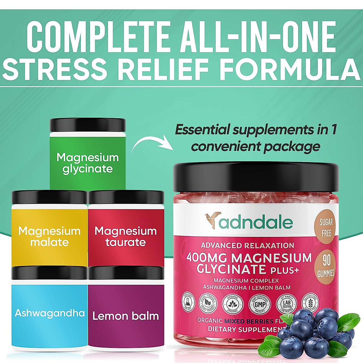 90 CT Magnesium Glycinate Gummies 400 mg/Serv - with Ashwagandha, Magnesium Malate & Taurate - Sugar Free Chews for Adults & Kids Relaxation, Stress Relief, Night Rest, Muscle & Cardio Support