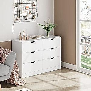 FOTOSOK 6 Drawer Dresser Double Dresser, White Dresser Modern Dresser 6 Chest of Drawers, Wood Storage Organizer Dresser with Cut-Out Handles for Home, Large Drawer Capacity