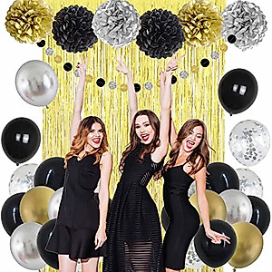 ANSOMO Black Gold and Silver Happy Birthday Party Decorations Décor Supplies Men Boys Him 1st 13th 18th 21st 30th 40th 50th 60th Banner Balloons Pom Poms
