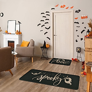 2 Pcs Halloween Kitchen Rugs Mat, Personalized Ghost Bat Horror Black Area Rug Set of 2 Washable, Non-Slip Absorbent Cartoon Boo Spooky Kitchen Mats Cushioned Anti Fatigue, 17'' x 47'' + 17'' x 30''