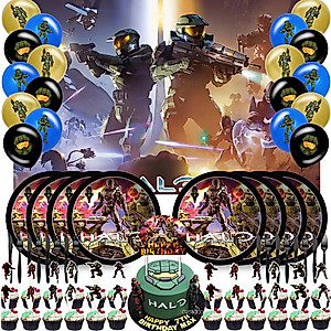 The Master Chief Birthday Party Supplies Chieftain Game Shooting Game Theme Birthday Party Decorations Set Banner Cake Topper Balloons Party Decorations for Kids