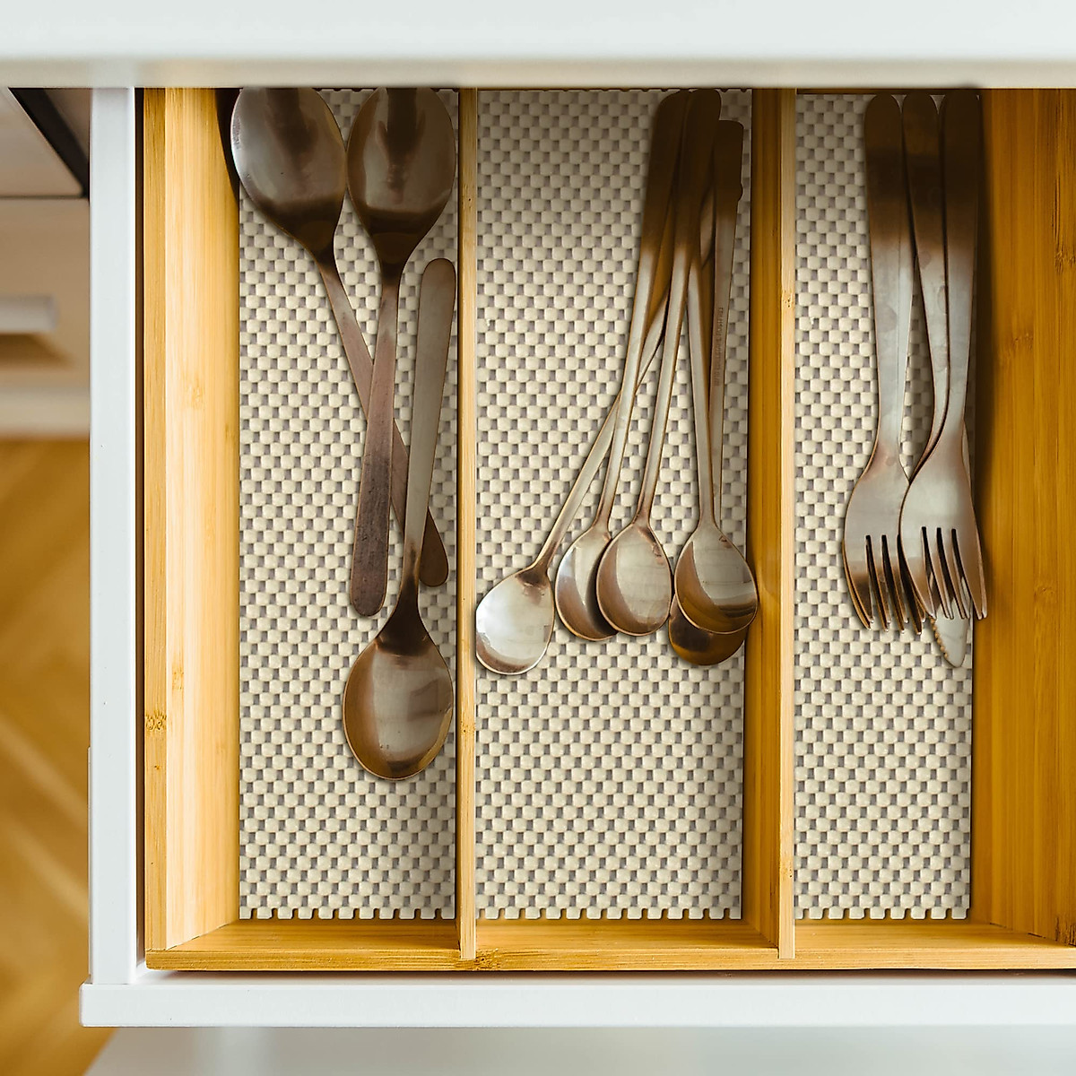 RAY STAR 12X48 Inch Shelf Liner for Kitchen Cabinets, Non-Adhesive Cabinet Liner Washable, PVC Drawer Liner for Dresser Non-Slip Bathroom Beige