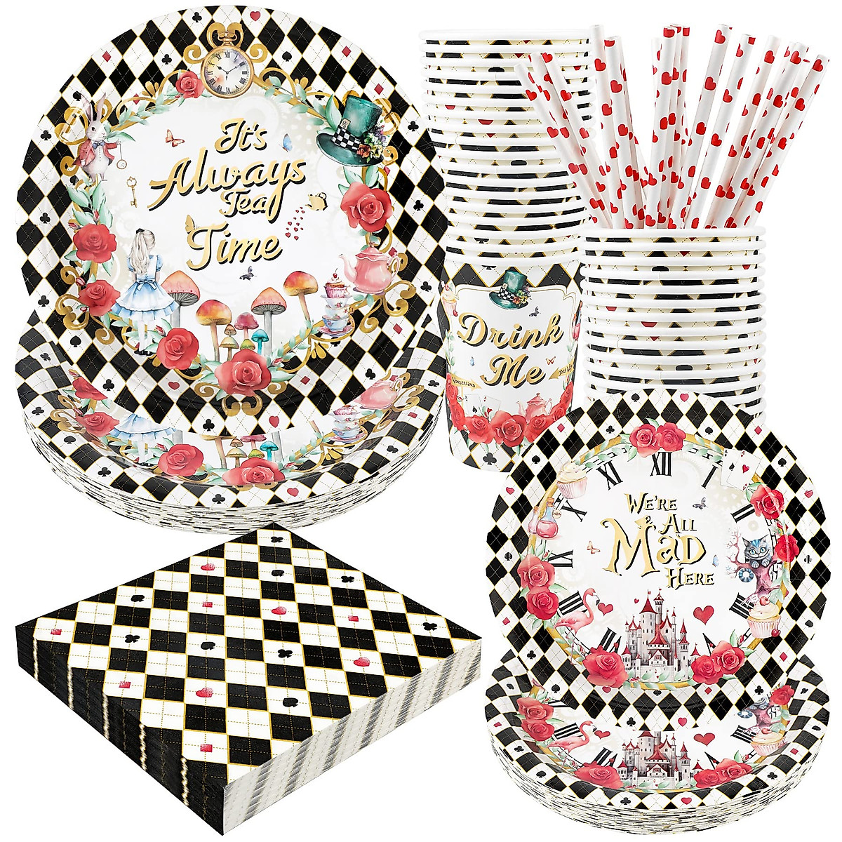 Alice Party Supplies Decorations, Tea Party Theme Birthday Baby Shower Paper Plates and Napkins Set with Cups and Straws for 24 Guests, 120 Pcs Disposable Party Dessert Dinnerwares