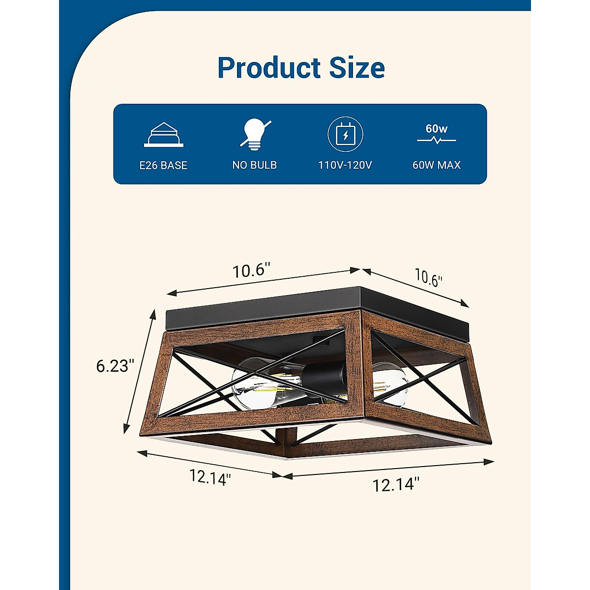 DEWENWILS Farmhouse Metal Flush Mount Light Fixture with Wood Grain Finish, 2-Light Ceiling Lamp for Kitchen, Hallway, Entryway, Foyer