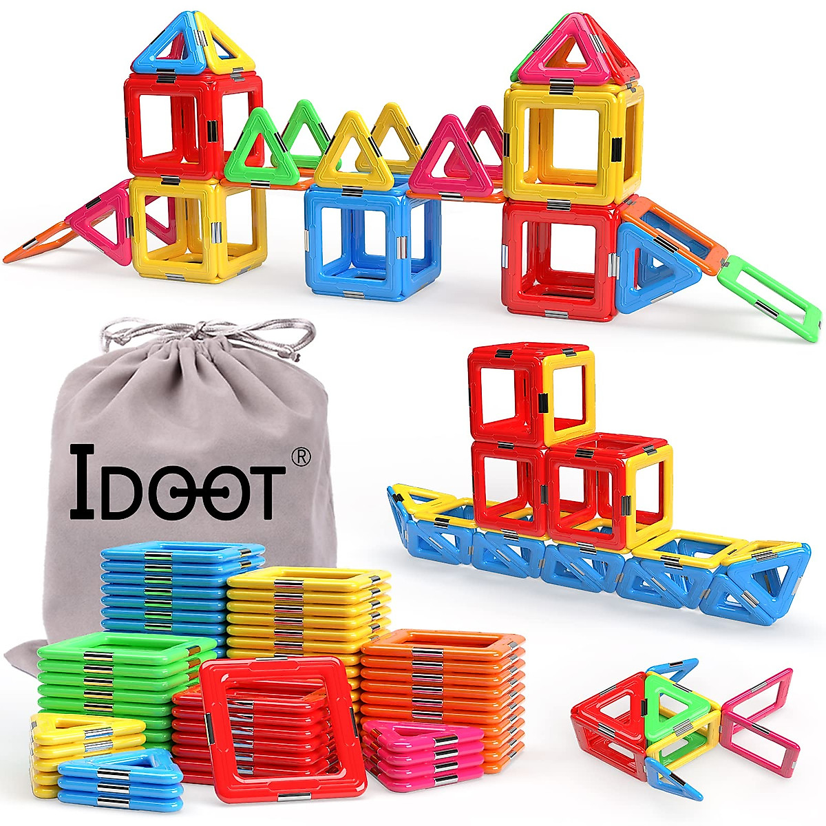 idoot Kids Magnetic Tiles for Toddlers,STEM Toys for 3-5 Year Old Boys & Girls,Magnet Blocks Kids Educational Toys Birthday Gift Starter Set with Storage Bag