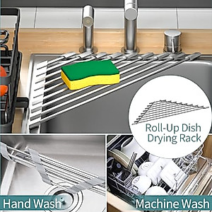 Yeepoo Dish Drying Rack 2 Tier and Triangle Roll-Up Drying Rack Set for Kitchen Counter Come with Cup Rack Utensil Holder Cutting Board Holder Rustproof Stainless Steel Dish Drainer with Drainboard