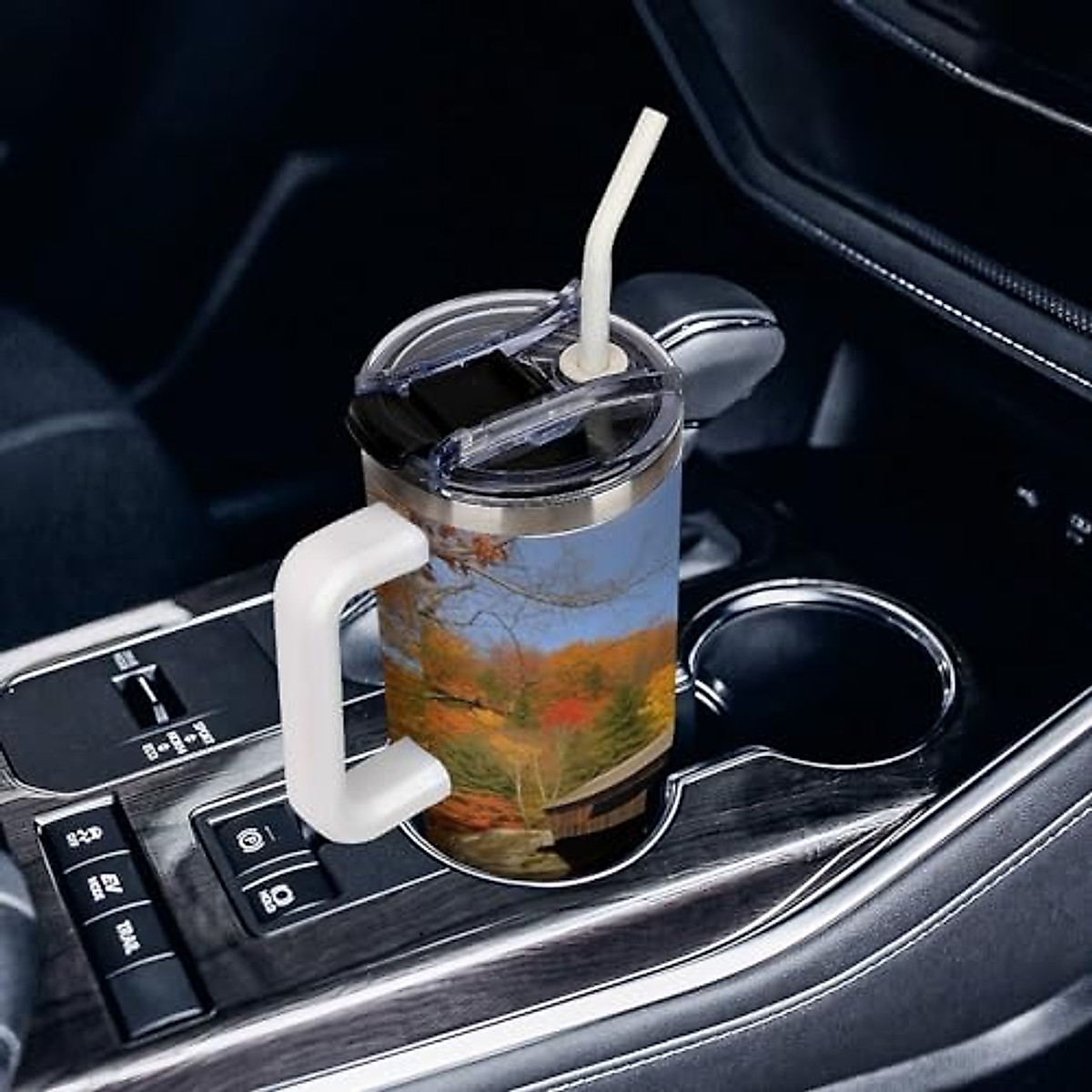 ADASGHBY Large Capacity Car Cup with Straw Lid Albany Covered Bridge Leakproof Insulated Stainless Steel Tumbler Fits in Car Cup Holder