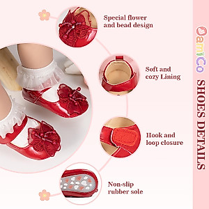 Oamico Infant Baby Girls Mary Jane Flats Non Slip Rubber Sole with Bownot Toddler First Walkers Princess Wedding Dress Shoes