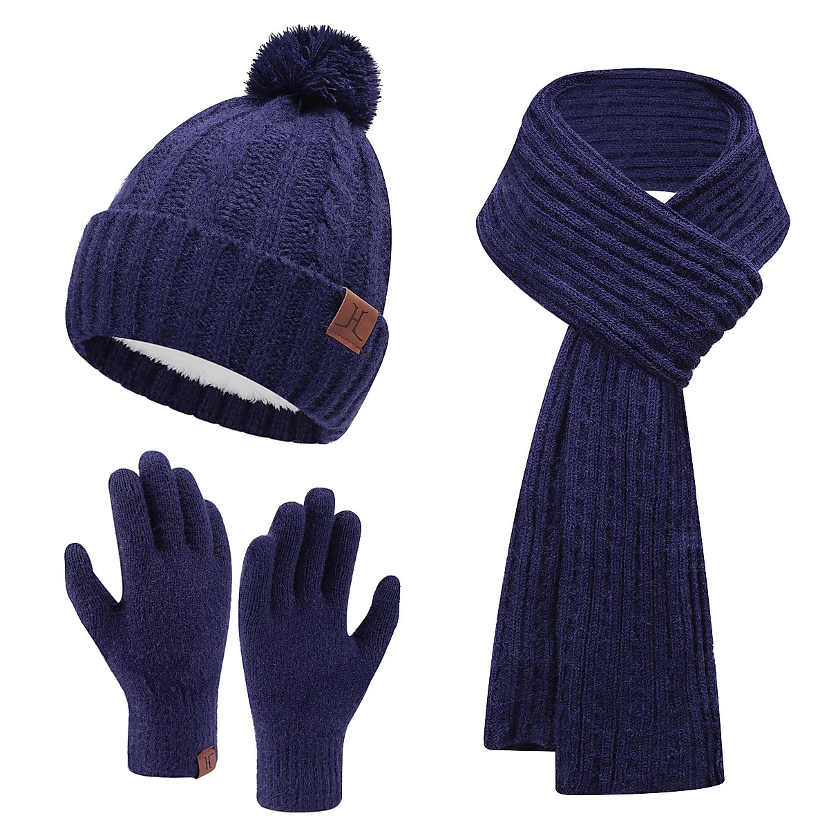Womens Winter Warm Beanie Hat Touchscreen Gloves Long Scarf Set Ribbed Cable Knit with Fleece Lined Skull Pom Caps