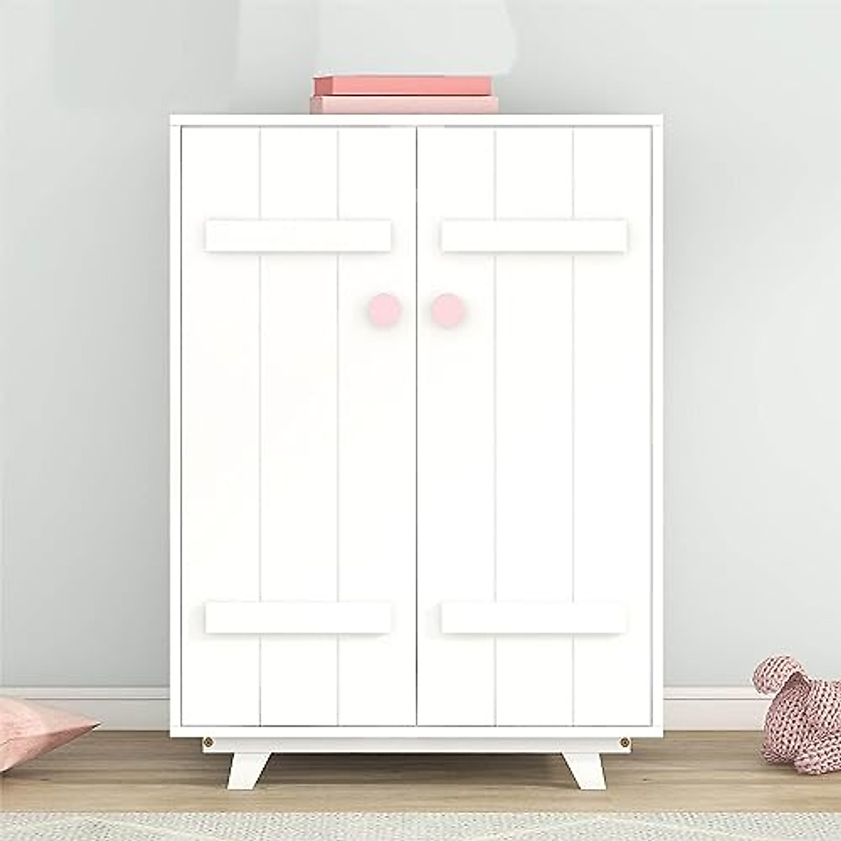 RIDFY Wooden Kids Wardrobe with Hanging Rod,Freestanding Cabinet with 2 Doors,Dress up Storage with Wood Legs,Closet Organizers and Storage for Boys/Girls(31.5”L x 19.7”W x 43.4”H) (White)