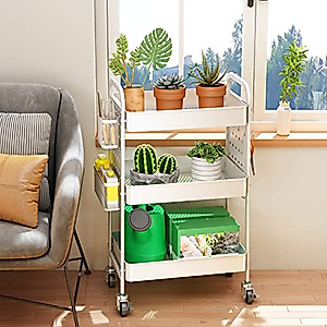 3 Tier Rolling Utility Cart - Craft Storage Organizer with Wheels, Art Cart with DIY Dual Pegboards, Removable Baskets Hooks, for Office, Home, Kitchen, Classroom (White)