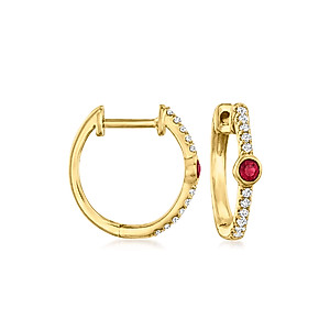 RS Pure by Ross-Simons Ruby and Diamond-Accented Huggie Hoop Earrings in 14kt Yellow Gold