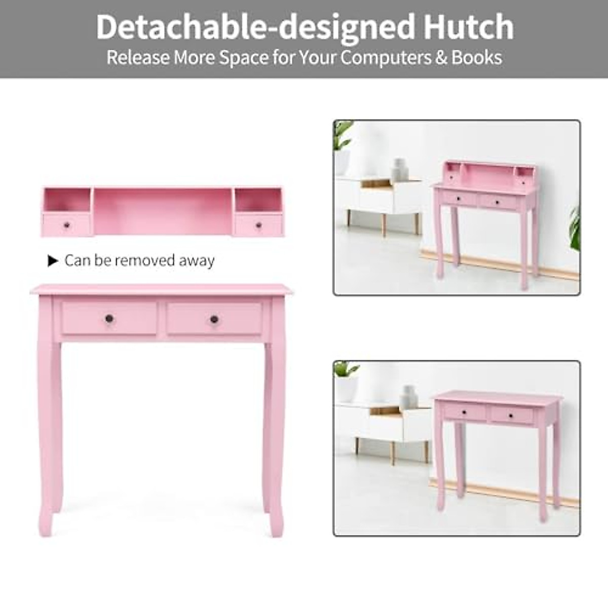 Giantex Writing Desk with 4 Drawers, Removable Floating Organizer 2-Tier Mission Home Computer Vanity Desk for Apartment Small Space (Pink)