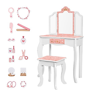 OOOK Kids Vanity Set, Girls Makeup Vanity Table and Chair Set, Premium Toddler Vanity Set with Detachable Tri-fold Mirror, Stool and Large Storage Drawer.