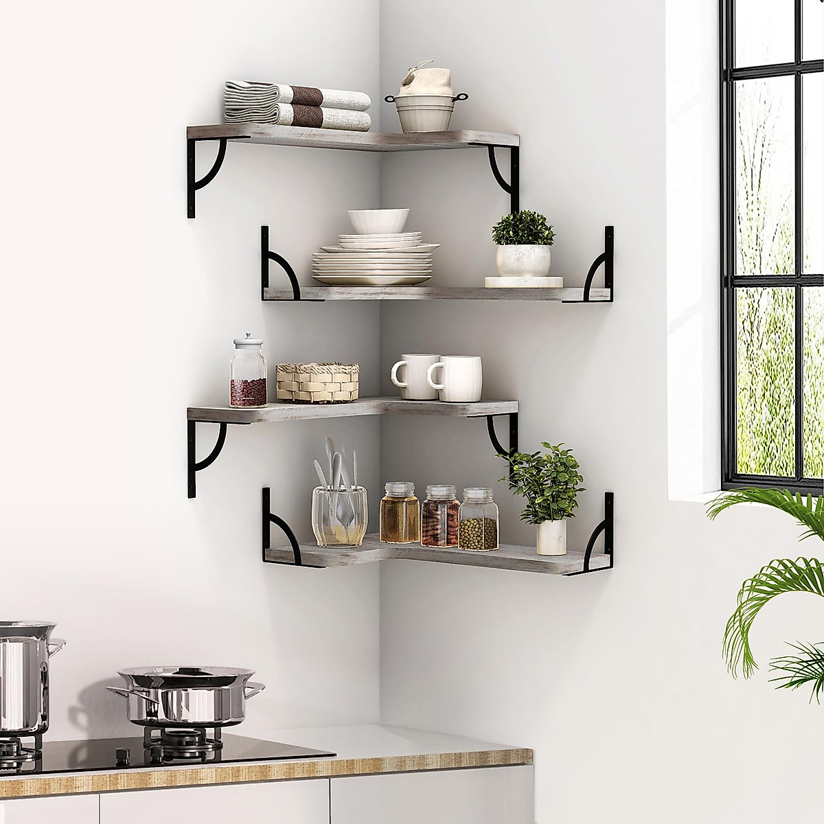 Canupdog Corner Floating Shelf Wall Mount 4 Tier Wood Floating Shelves, Easy-to-Assemble Tiered Wall Storage, Wall Organizer for Bedrooms, Bathrooms, Kitchens, Offices (Rustic White)