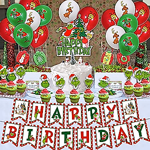 Grinch Christmas Birthday Decorations,Happy Birthday Banner,Holiday Cake Decoration,Grinch Cupcake Toppers,The-Grinch Christmas Balloons for Party,Christmas Theme Party Supplies,Winter Festival Feast Decorations