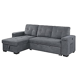 Lilola Home Toby Gray Woven Fabric Reversible Sleeper Sectional Sofa with Storage Chaise Cup Holder USB/USB-C Ports and Pockets