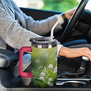 Lily of The Valley Flowers Green Leaves 40 Oz Car Cup Stainless Steel Travel Mug Leak-Proof Insulated Tumbler with Handle Light Rose Red-style