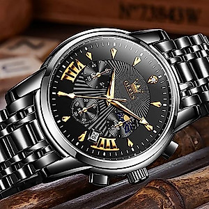 OLEVS Black Watches for Men Chronograph Stainless Steel Mens Watches Big Face Classic Luxury Men's Wrist Watches with Date Waterproof Dress Male Watches, Relojes para Hombres