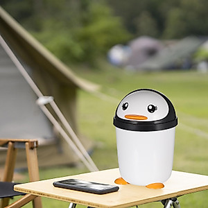 Mini Desktop Trash Can with Lid, Cute Penguin Countertop Garbage Bin, Plastic Tabletop Wastebasket for Office, Home