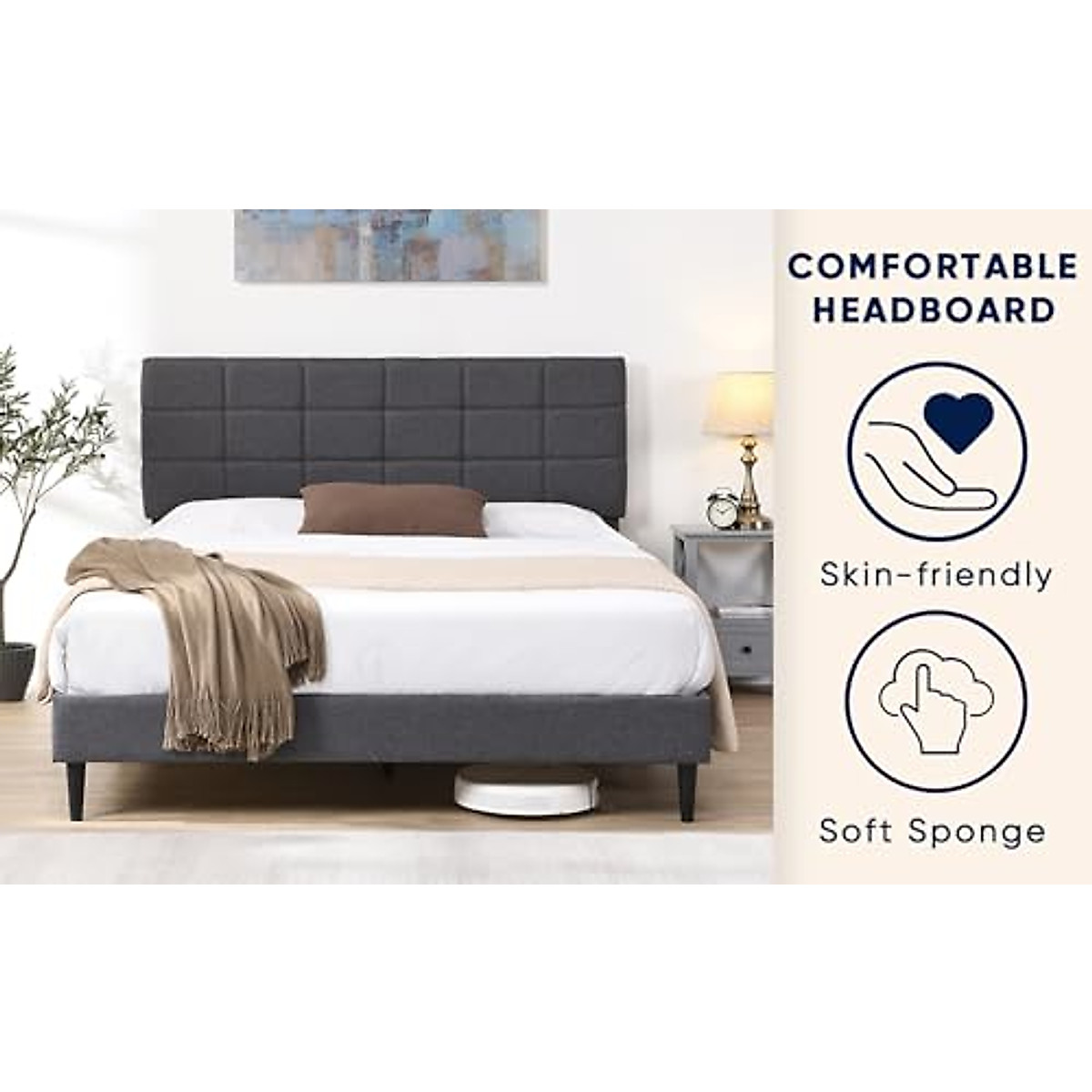 Yone jx je Platform Bed Frame with Fabric Upholstered Headboard and Mattress Foundation Wooden Slats Support, Fabric Upholstered Platform Bed Frame, No Box Spring Needed (Gray, Queen Size)