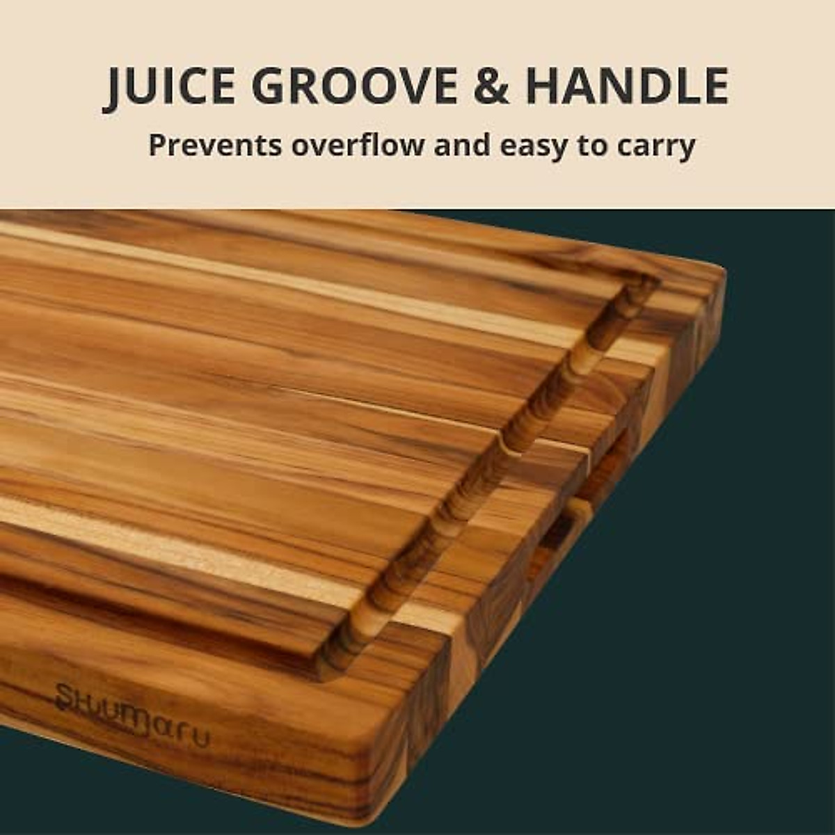 XXX-Large Edge-Grain Teak Wood Cutting Board, [24"L x 18"W x 1.5"T] Juice Groove, Reversible, Built-in Hand Grips by Shumaru California