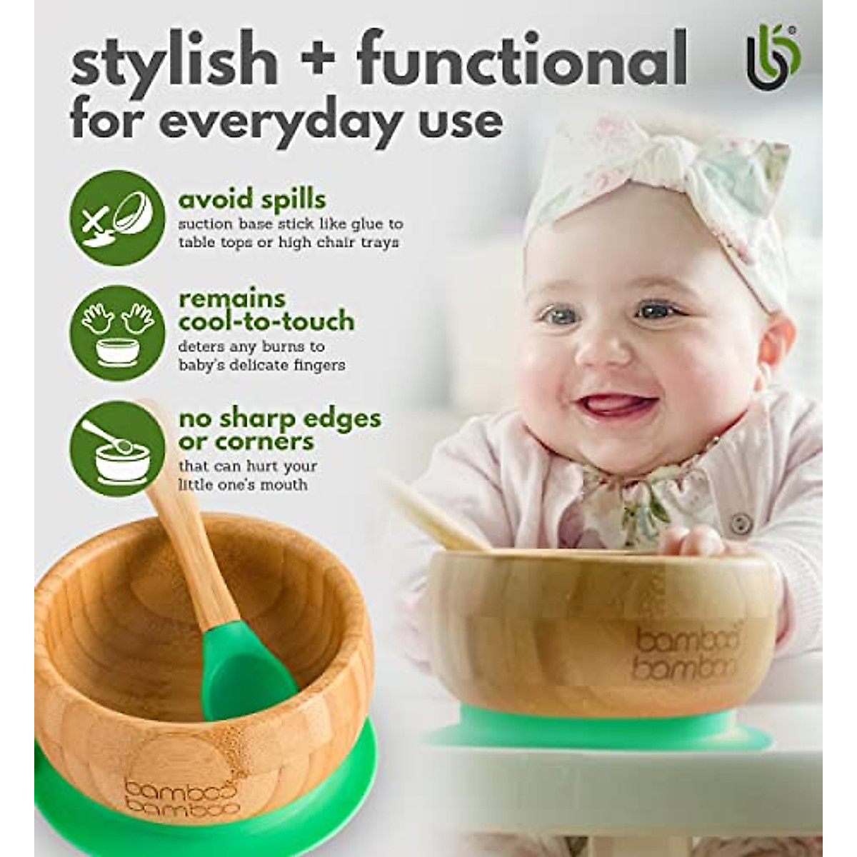 bamboo bamboo ® Suction Bowl for Baby – Bamboo Baby Bowl and Spoon Set with Removable Silicone Suction Cup for Kids | 11.8oz | Non-Toxic | Cool to The Touch | Ideal for Baby-Led Weaning (Green)