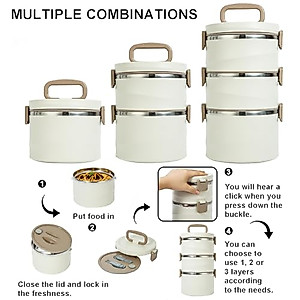 Lille Home Stackable Stainless Steel Thermal Compartment Tiffin Lunch/Snack Box, 3-Tier Insulated Bento/Food Container with Lunch Bag and Utensils, 88 OZ (Beige)