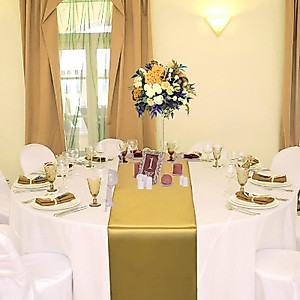 12 Pack 12x108 Inch Satin Table Runner and 84 Inch Round Plastic Tablecloths Set White and Gold Disposable Round Table Cover for Graduation Wedding Bridal Shower Anniversary Birthday Party Decorations